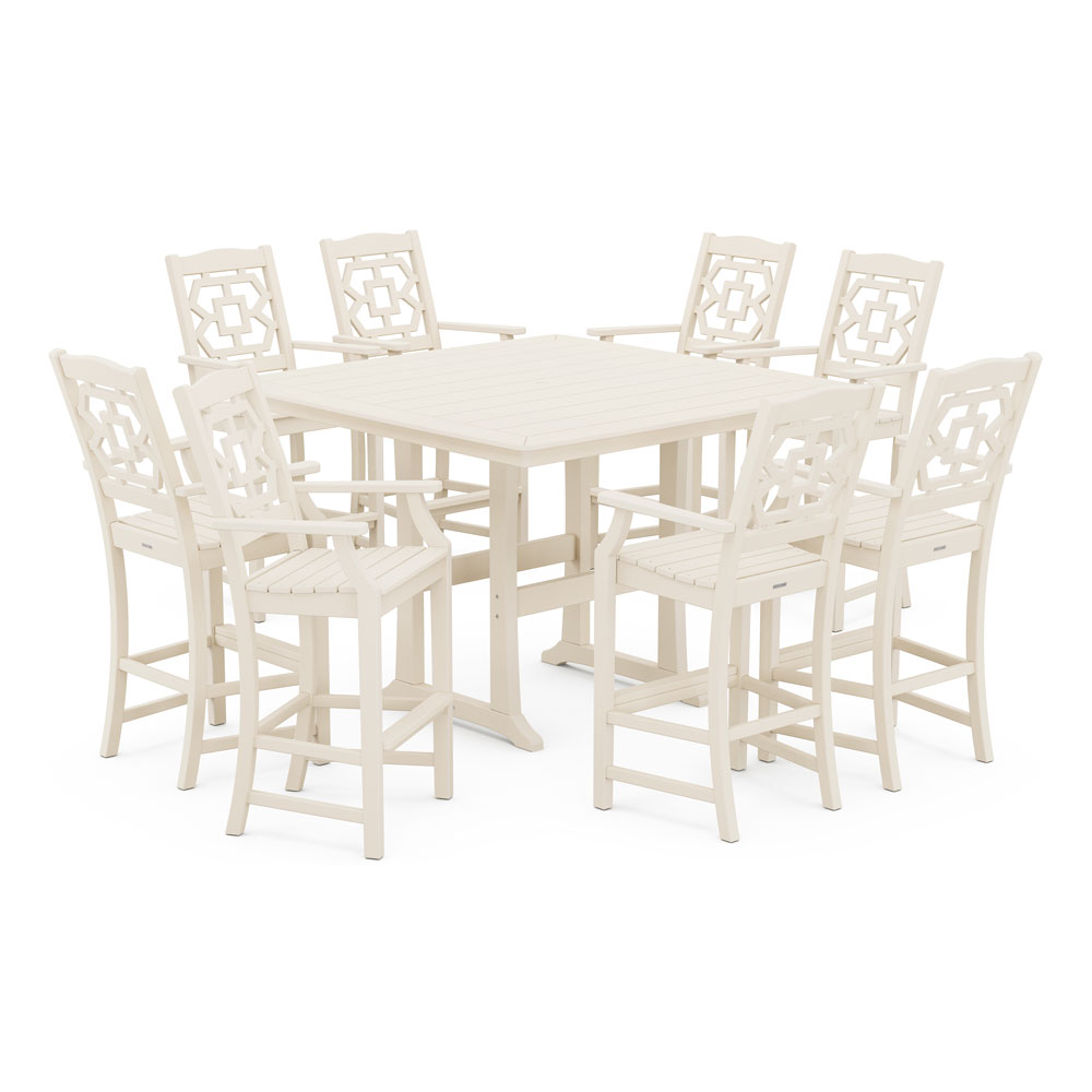 Polywood Chinoiserie 9-Piece Square Bar Set with Trestle Legs | AuthenTEAK