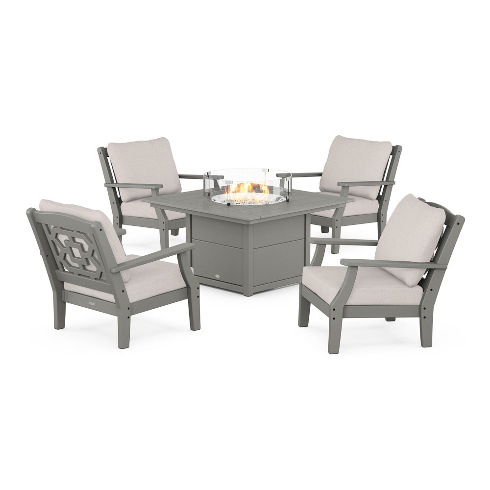 Polywood Chinoiserie 5-Piece Deep Seating Set with Fire Pit Table ...