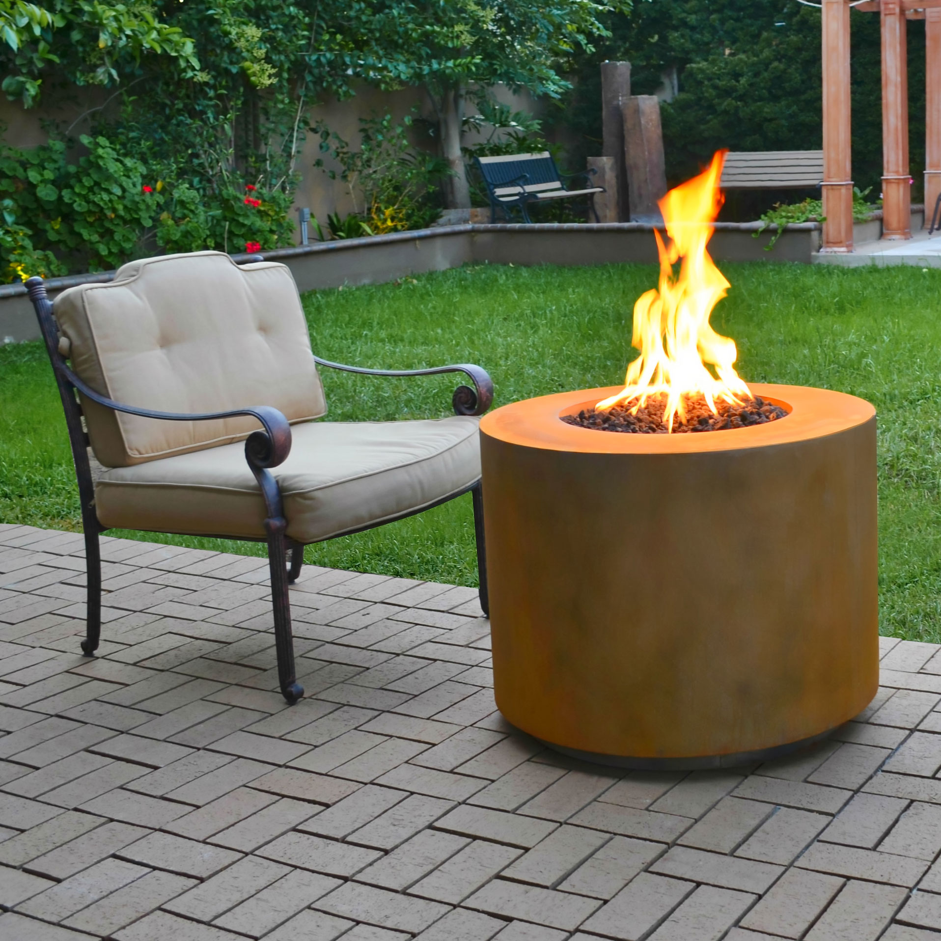 The Outdoor Plus Beverly 36" Round Cor-Ten Steel Gas Fire Pit w/ Hidden Tank | AuthenTEAK